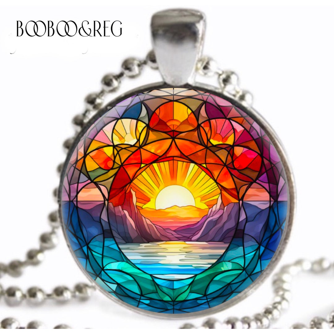 FAUX Stained Glass Beach Sunset Art Print NECKLACE Nautical Coastal ...