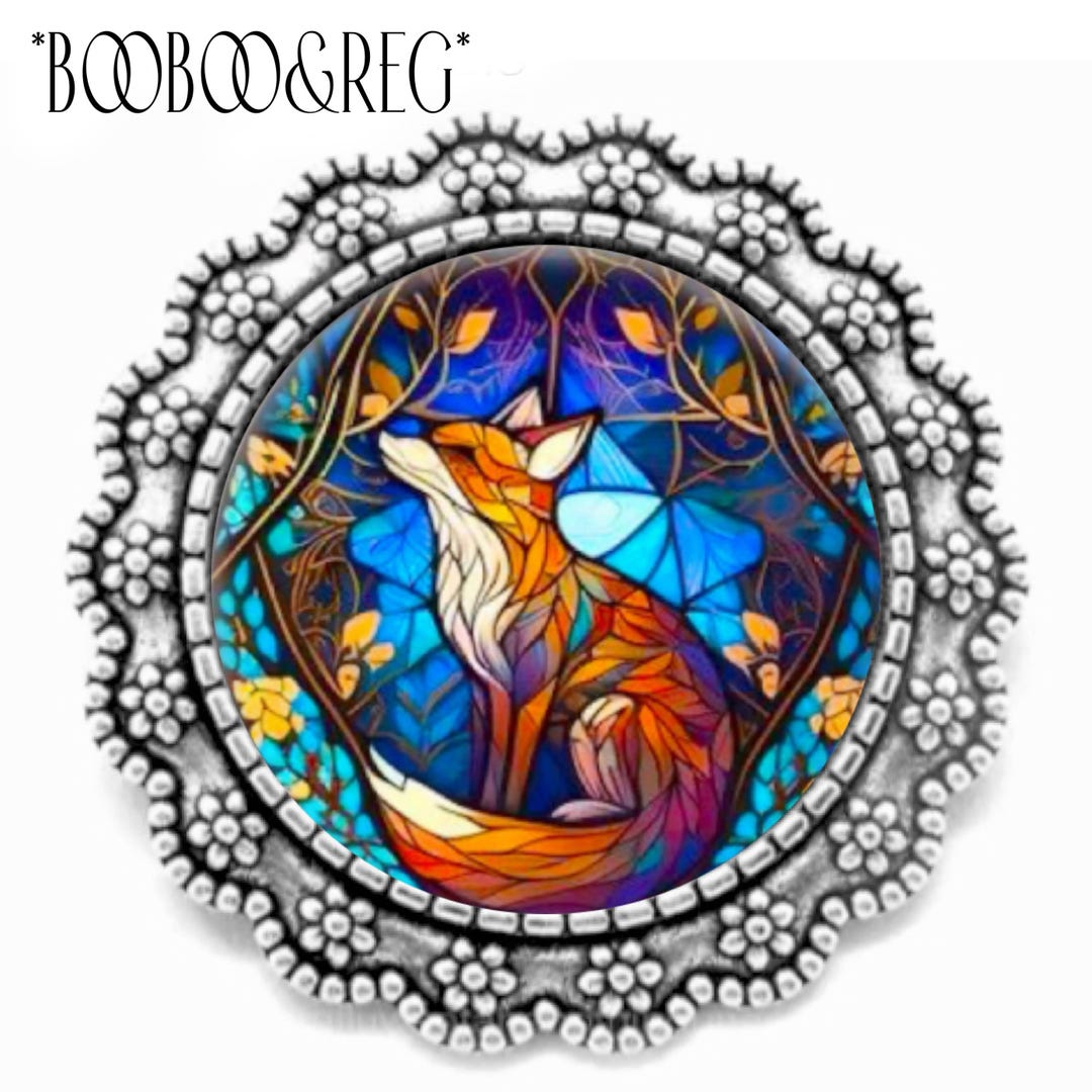 Fox BROOCH Pin Faux Stained Glass Art Print Silver Lapel Pin Woodland ...