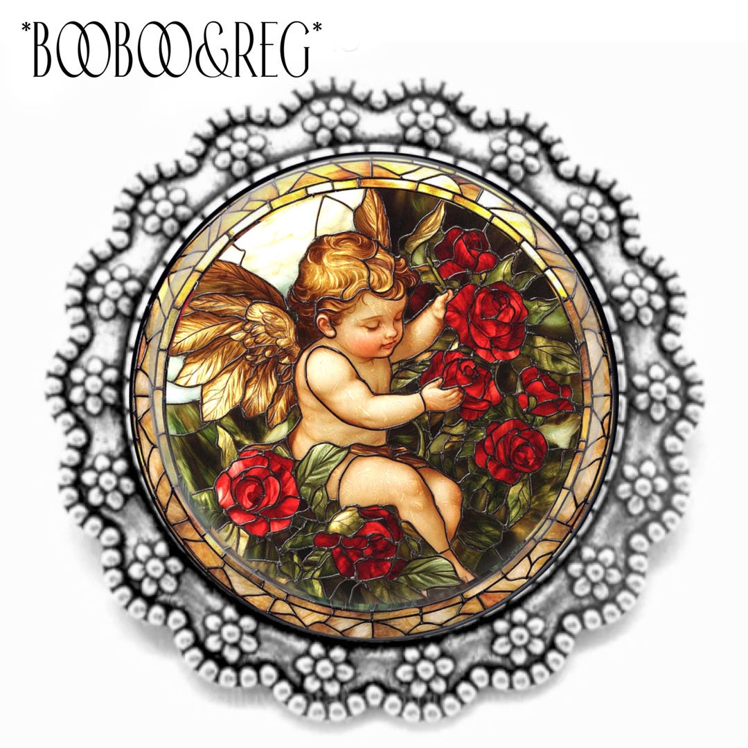 CUPID Brooch FAUX Stained Glass Valentine Roses Art Print Silver Lapel ...