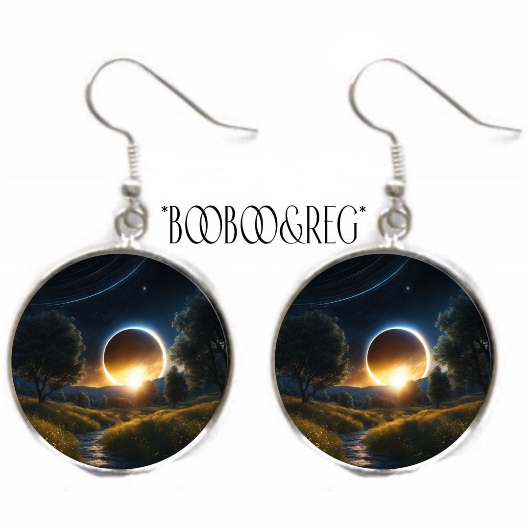 Solar Eclipse Earrings April 2024 Glicee Art Print Silver Charm Dangle Earrings Handmade Eclipse ...
