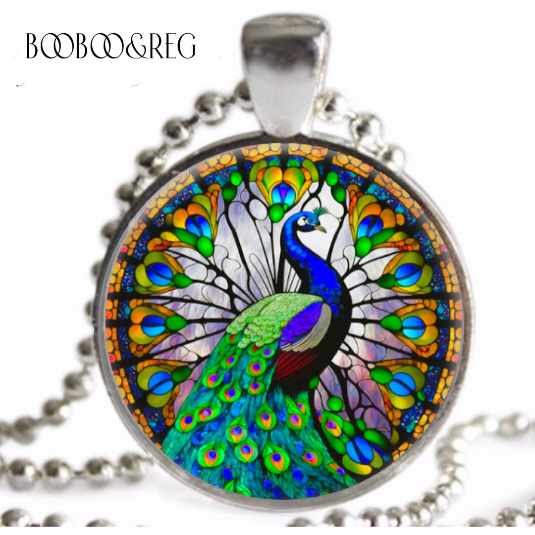 Art Deco Peacock Necklace Faux Stained Glass Glicee Art Print Silver ...