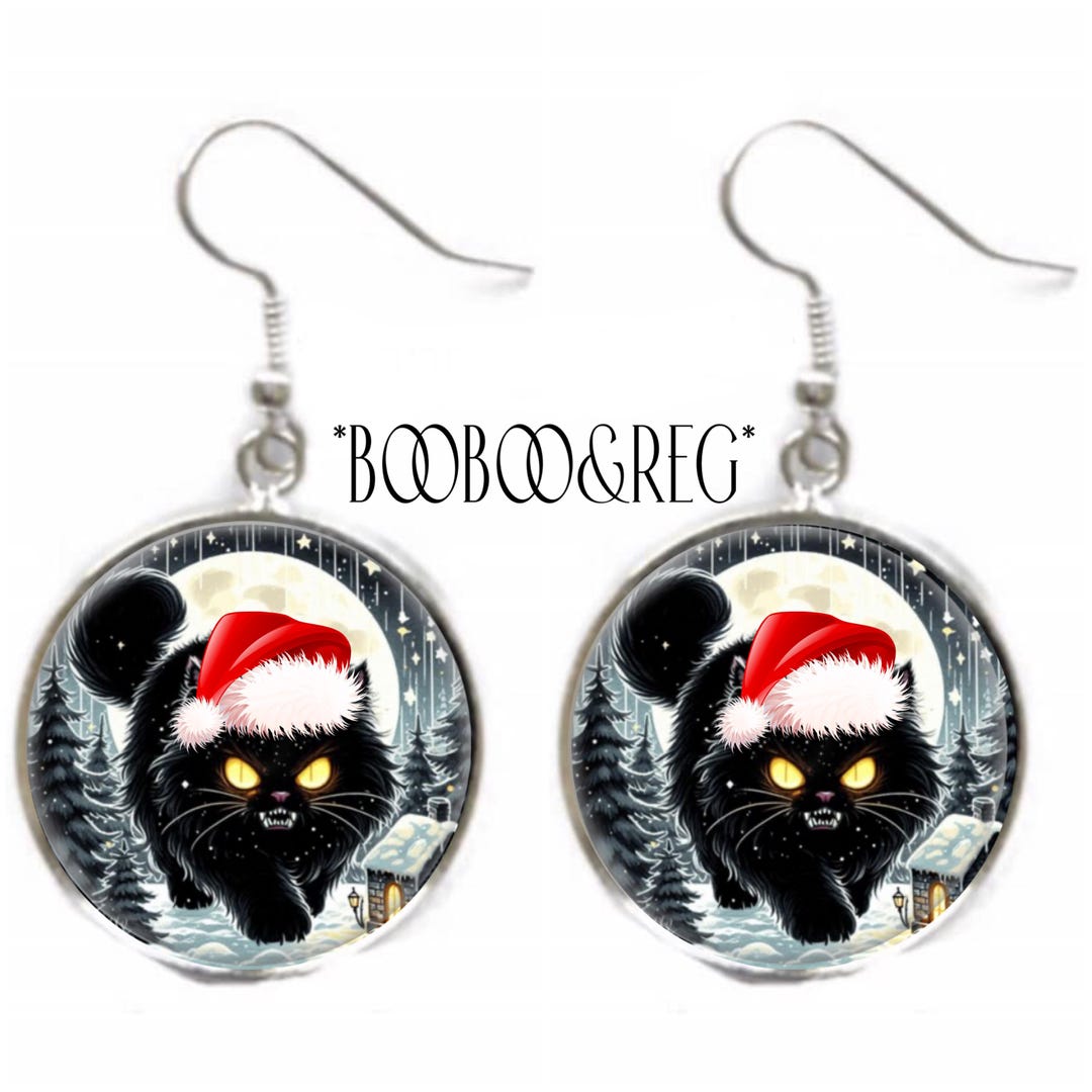 Yule Cat Earrings: Full Moon Black Cat, Icelandic Winter Solstice ...