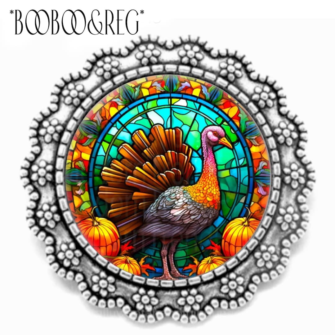 Turkey Brooch Simulated Stained Glass Silver Pin Thanksgiving Brooch ...