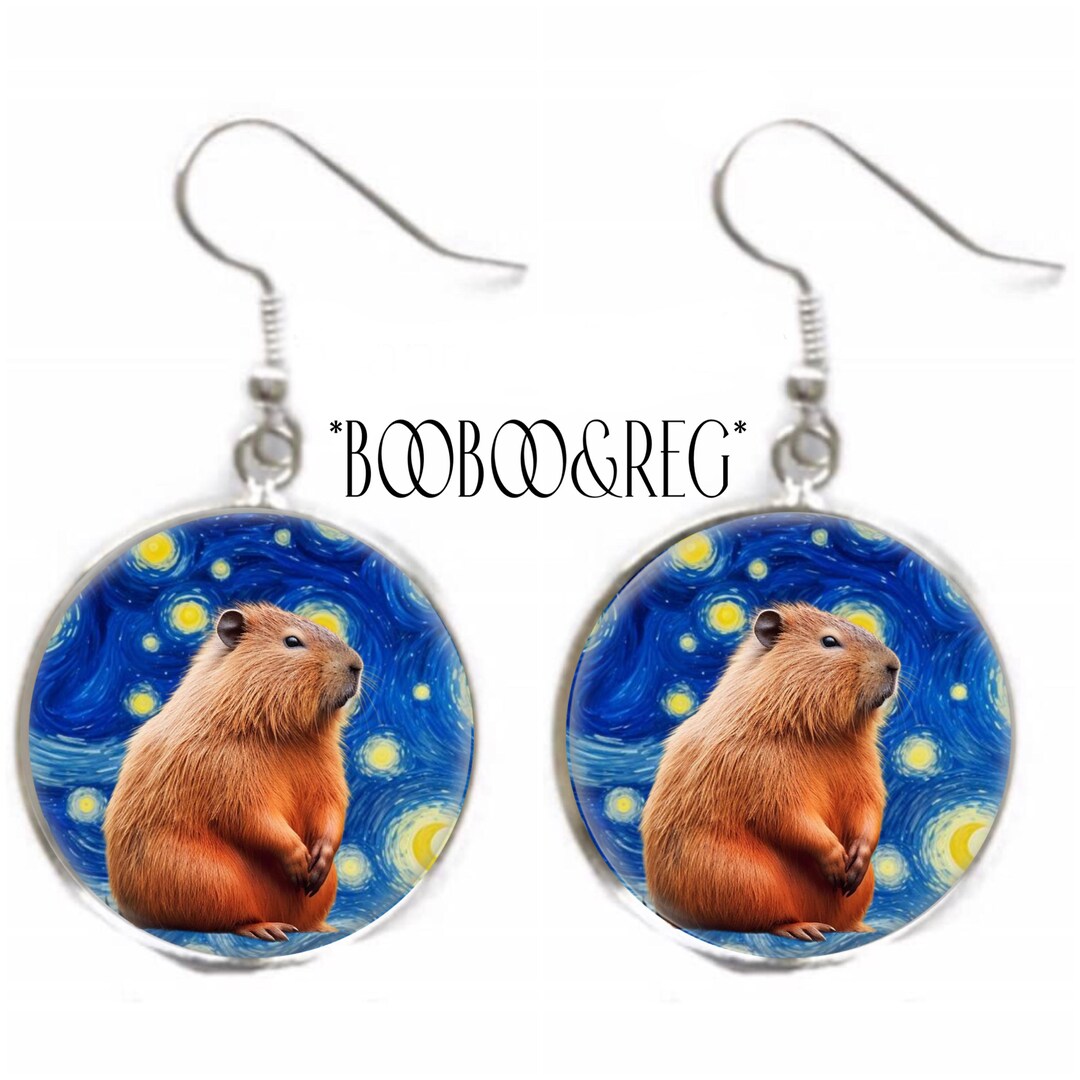 Capybara EARRINGS: Van Gogh Starry Night Art Print, Silver Charm Dangle ...