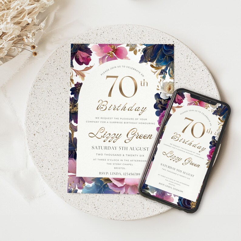 Digital Invitation for 70th Birthday Celebration, Floral Editable ...