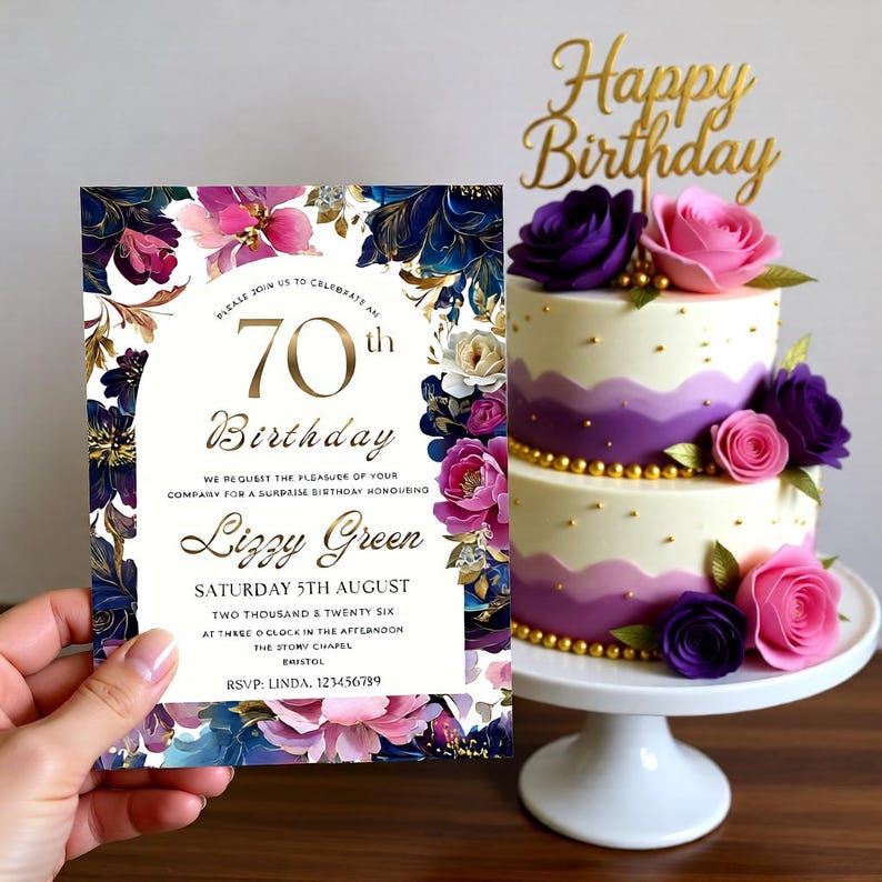 Digital Invitation for 70th Birthday Celebration, Floral Editable ...