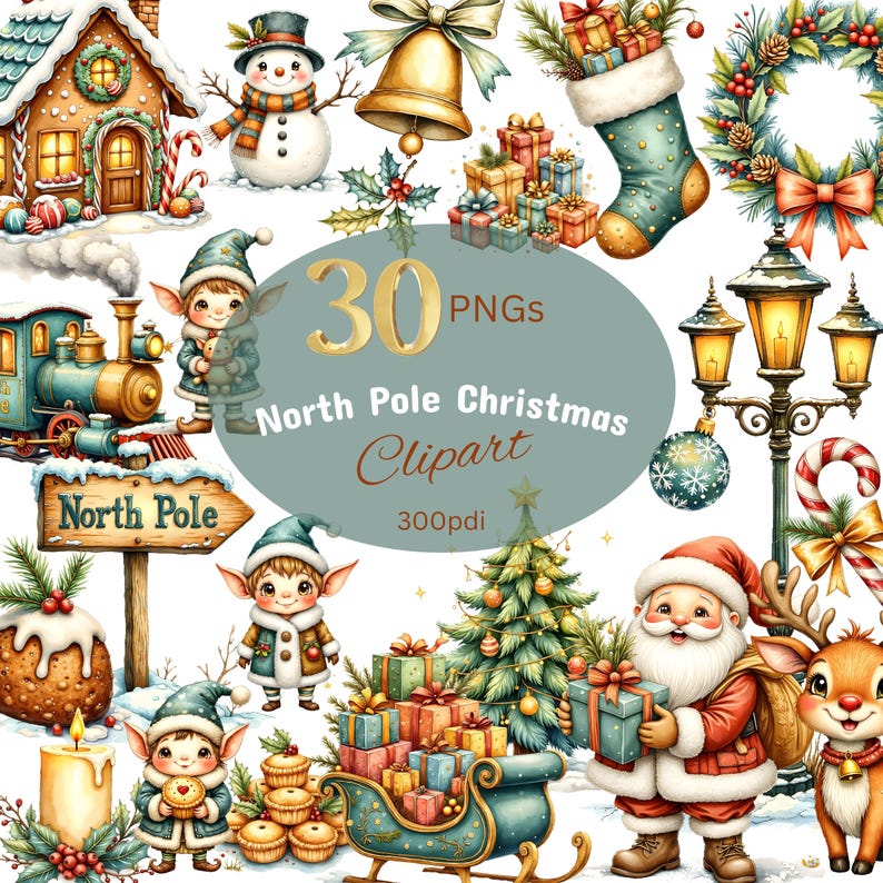 North Pole Christmas Clipart Bundle, Adorable Santa and Reindeer PNG ...