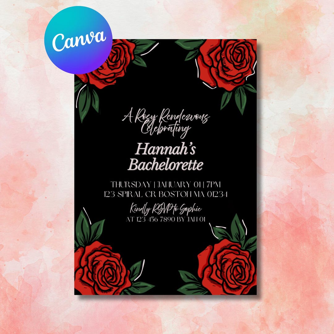 Bachelorette Invitation, Red Roses on Black, Elegant Floral Glam, Hen ...