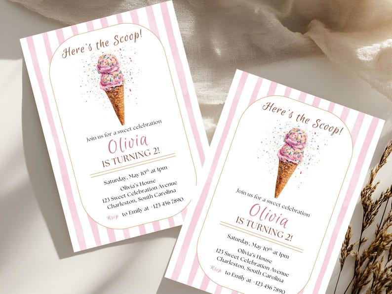 Here's the Scoop Girl Birthday Invitation Template, Editable Pink Ice ...