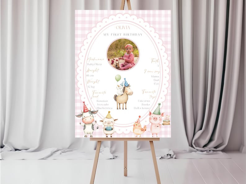 Farm First Year Birthday Milestone Sign, Editable Barnyard Girl 1st ...