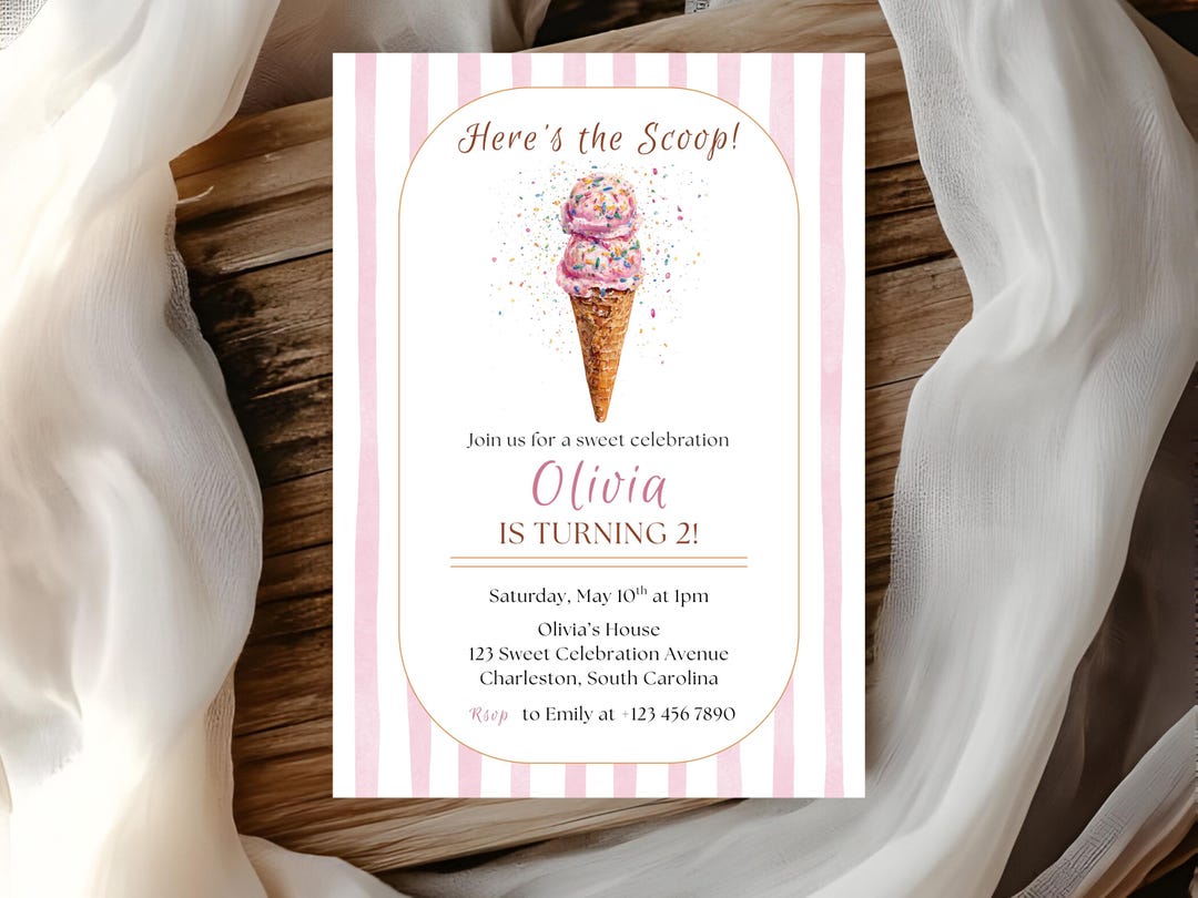 Here's the Scoop Girl Birthday Invitation Template, Editable Pink Ice ...