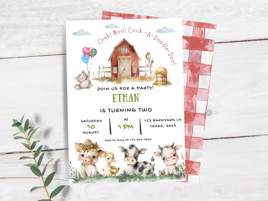 Oink Moo Cockadoodledoo Turning Two Birthday Invitation Template ...
