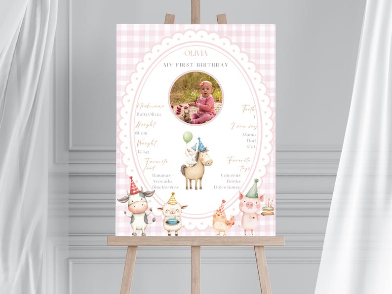 Farm First Year Birthday Milestone Sign, Editable Barnyard Girl 1st ...