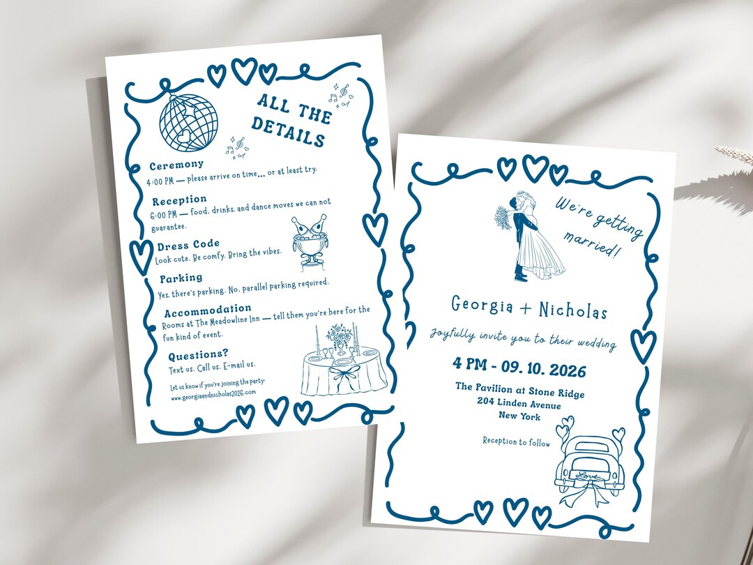 Blue Doodle Wedding Invitation Template,editable Illustrated Wedding ...