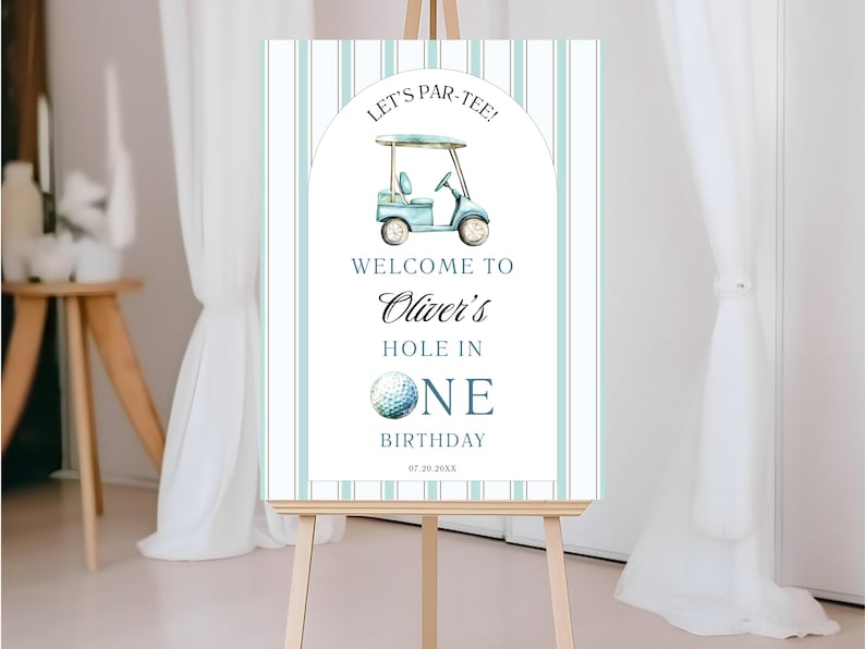 Editable Golf 1st Birthday Welcome Sign, Hole in One Boy First Birthday ...
