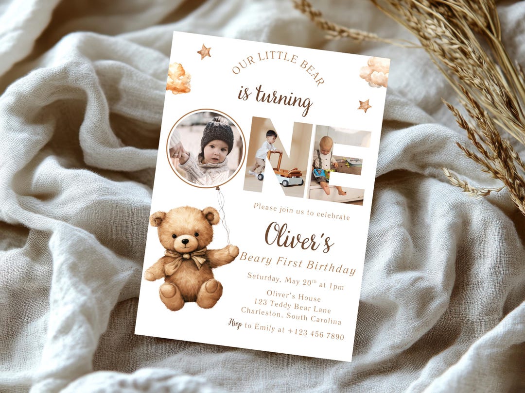 Boho Little Bear First Birthday Photo Invitation Template, Editable ...