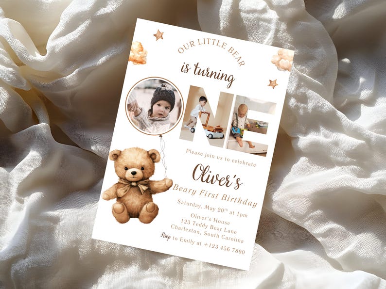 Boho Little Bear First Birthday Photo Invitation Template, Editable ...
