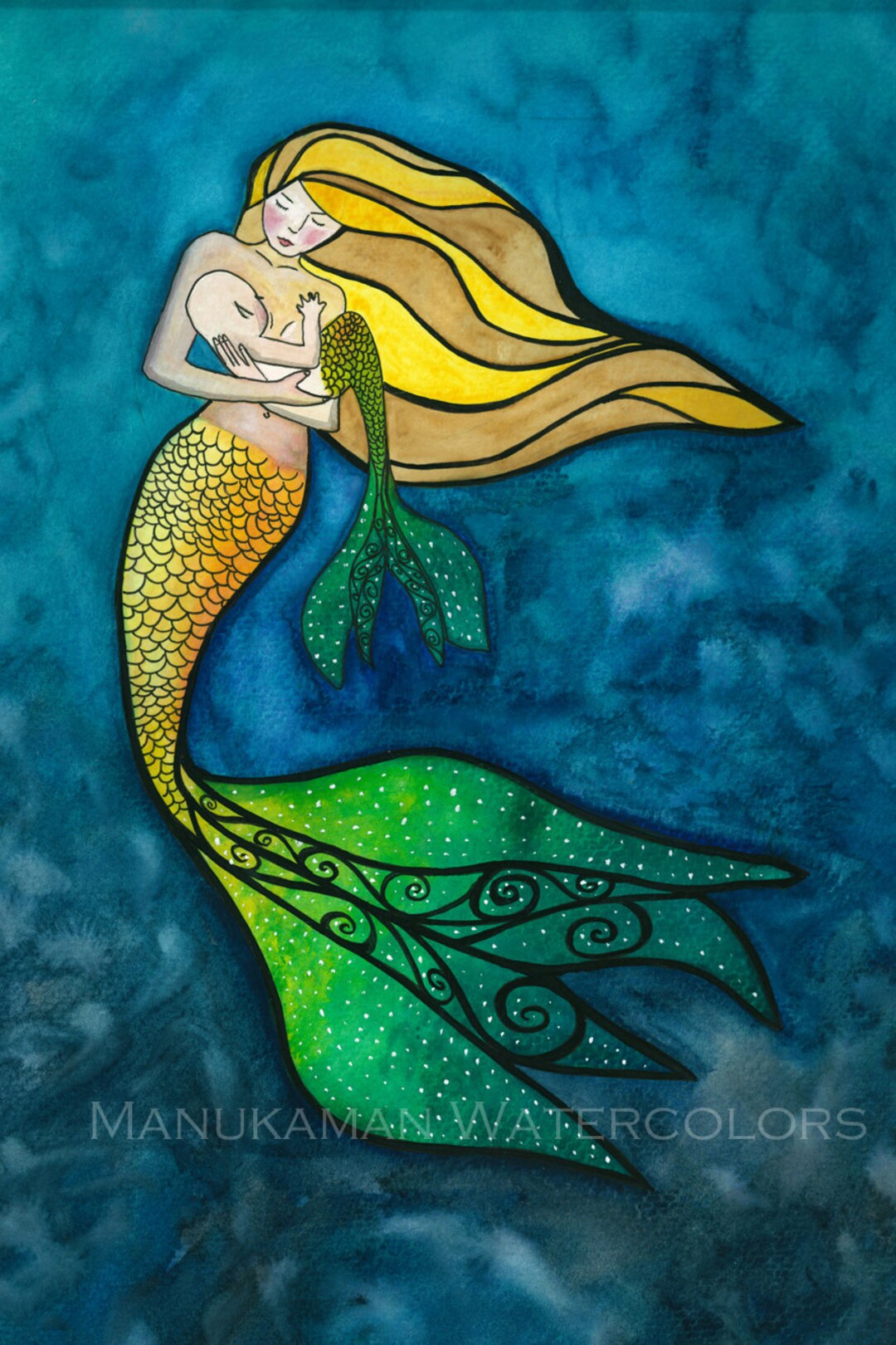 Mermaid and Child Watercolor Print by Damon Crook (sized for 11 X 14 ...