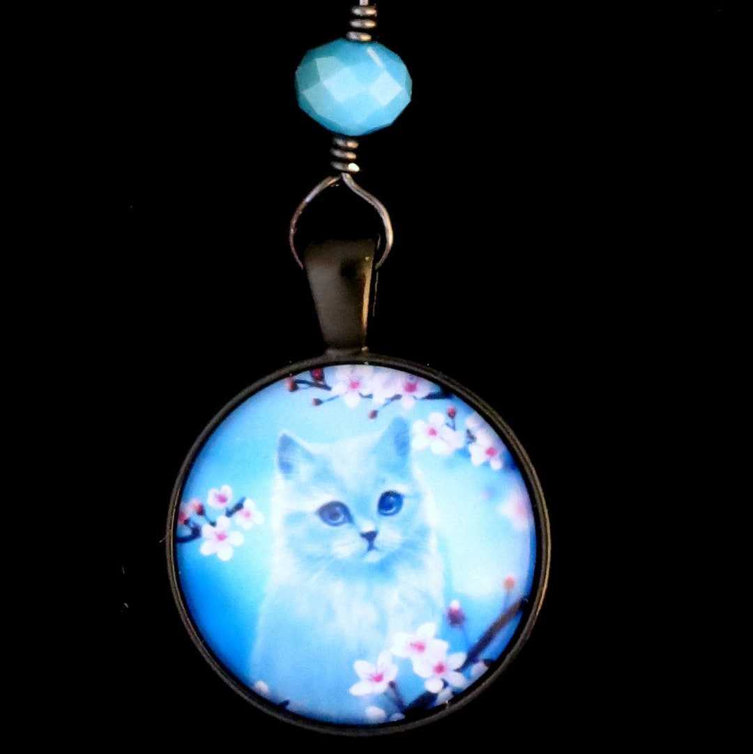 Kitty Cat Key Ring Vibrant Blue Glass Cat Picture Set in Black Metal ...