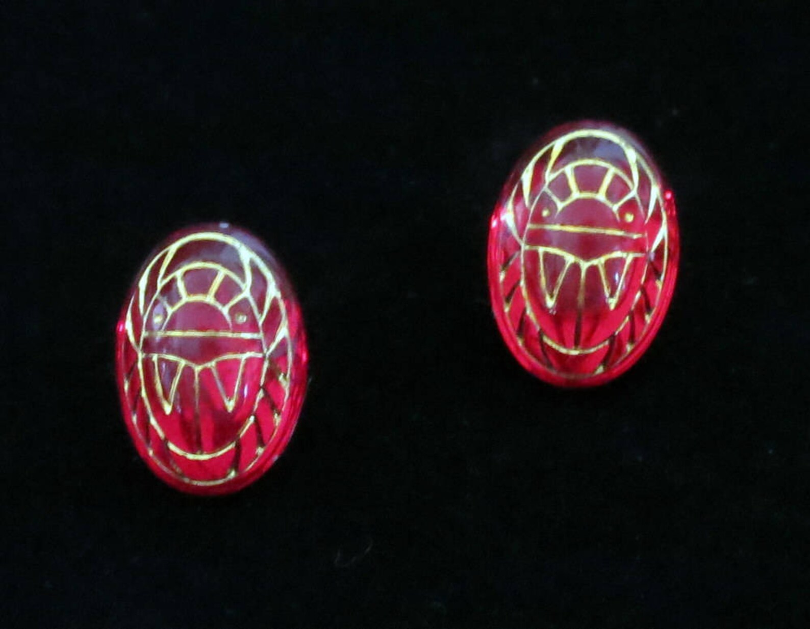 Glass Scarab Earrings Ruby Red With Gold Engravings Scarab Post ...
