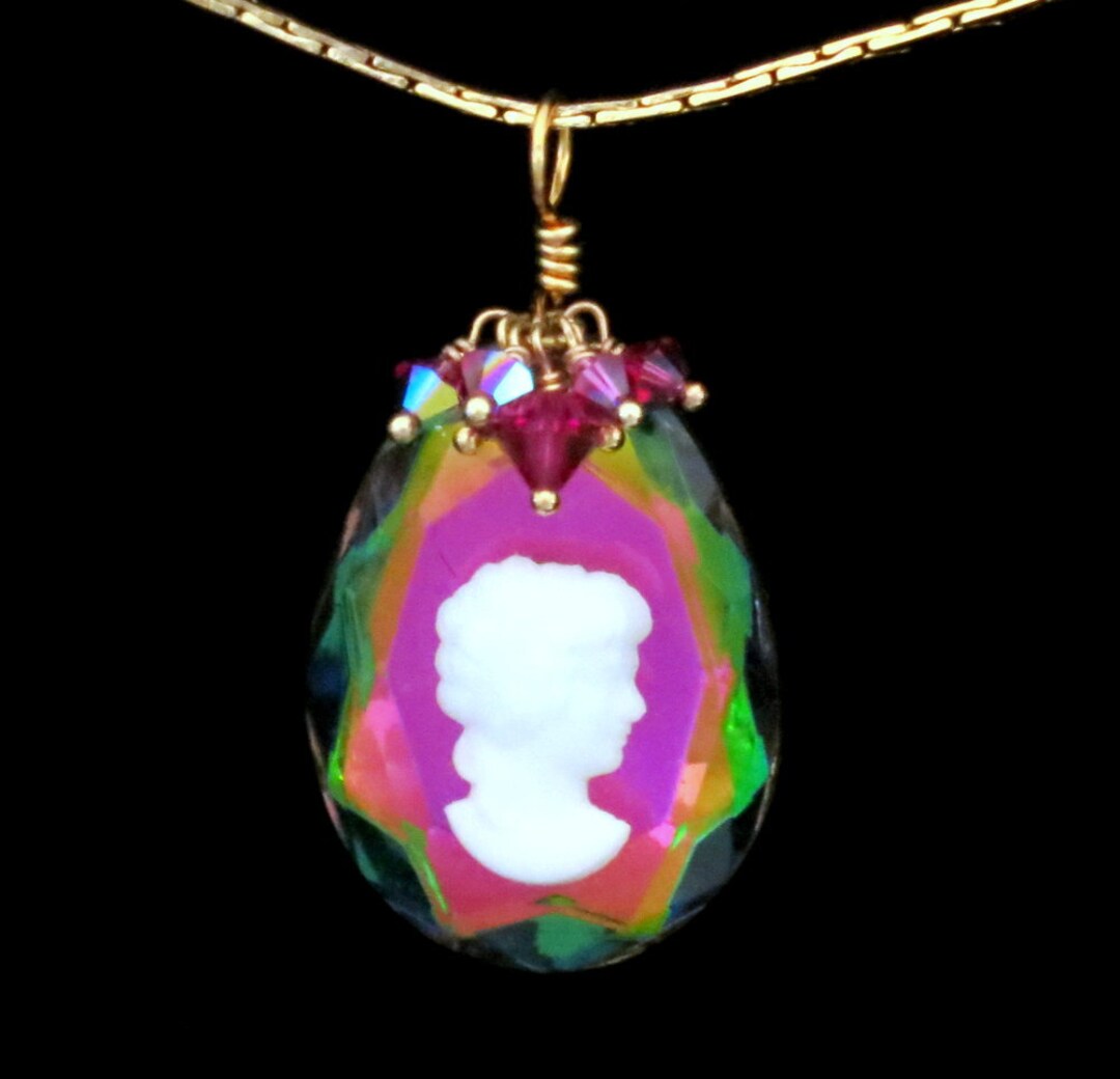 Vintage W German Cameo Pendant AND Necklace Iridescent Hot Pink,green ...