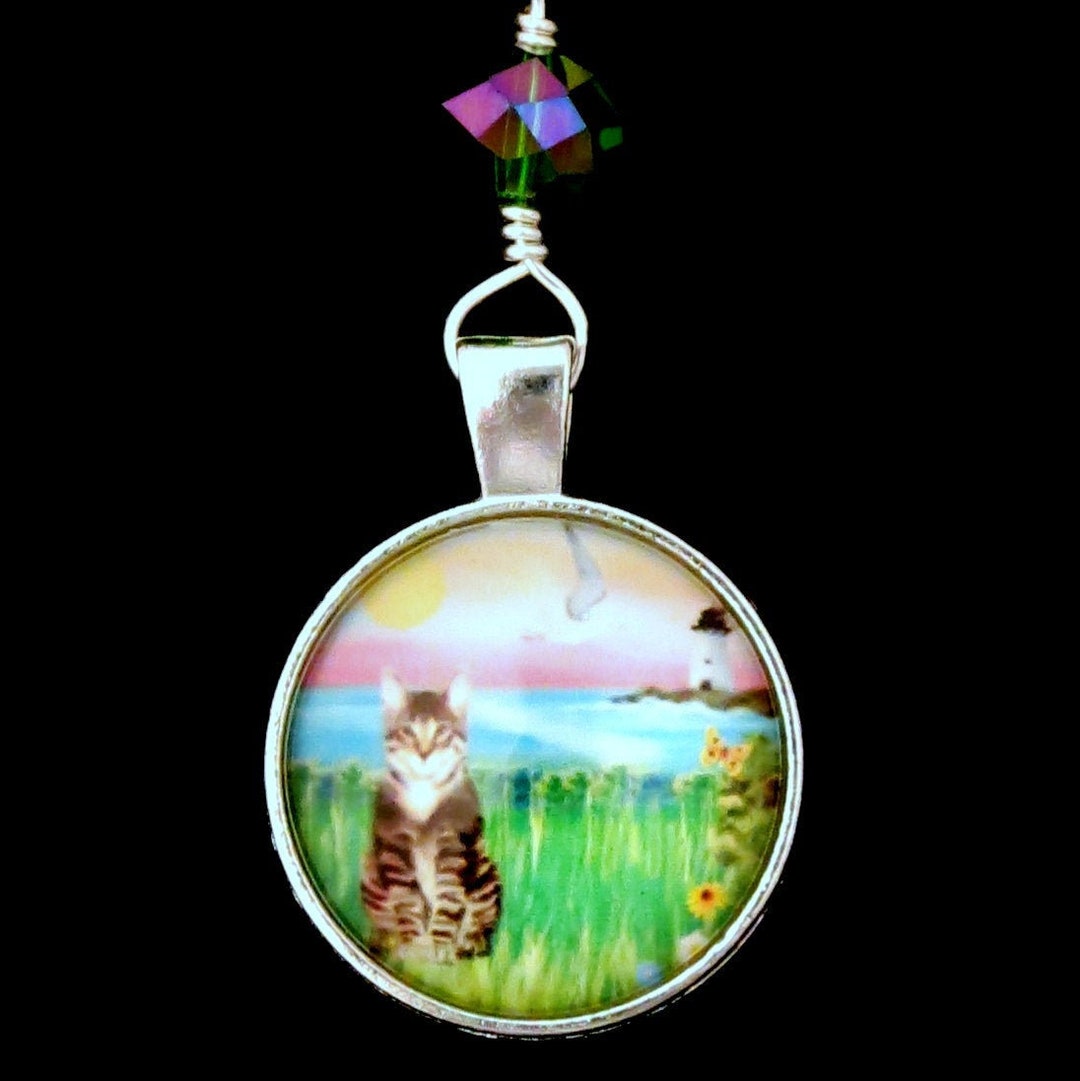Kitty Cat Key Ring Glass Cat Flowers and Butterflies Set in Silver ...