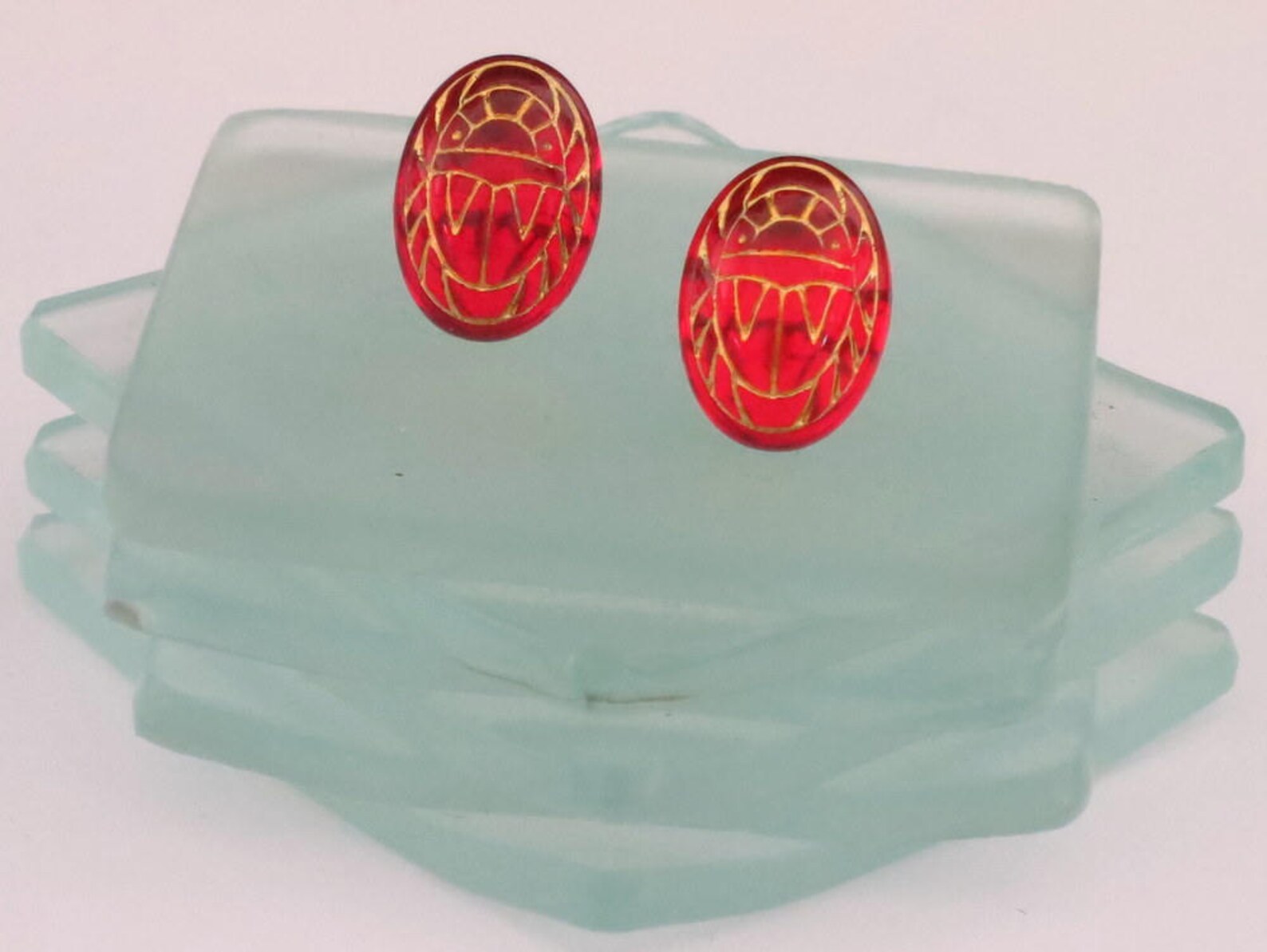 Glass Scarab Earrings Ruby Red With Gold Engravings Scarab Post ...