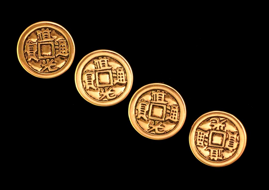 4 Gold Asian Coin Style Buttons With Black Accents 4 Shank Buttons 7/8 ...
