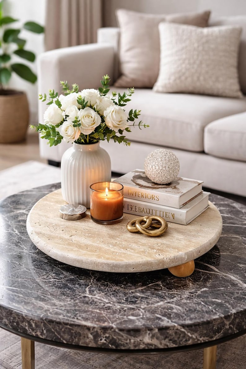 Round Travertine Tray | Natural Stone Riser | Luxury Decor for Bathroom ...