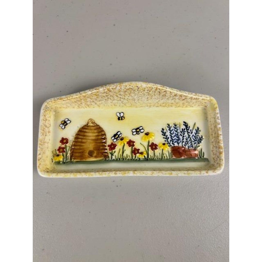 Vintage Beehive Flowers Hand Painted Ceramic Eye Glass Holder Trinket ...