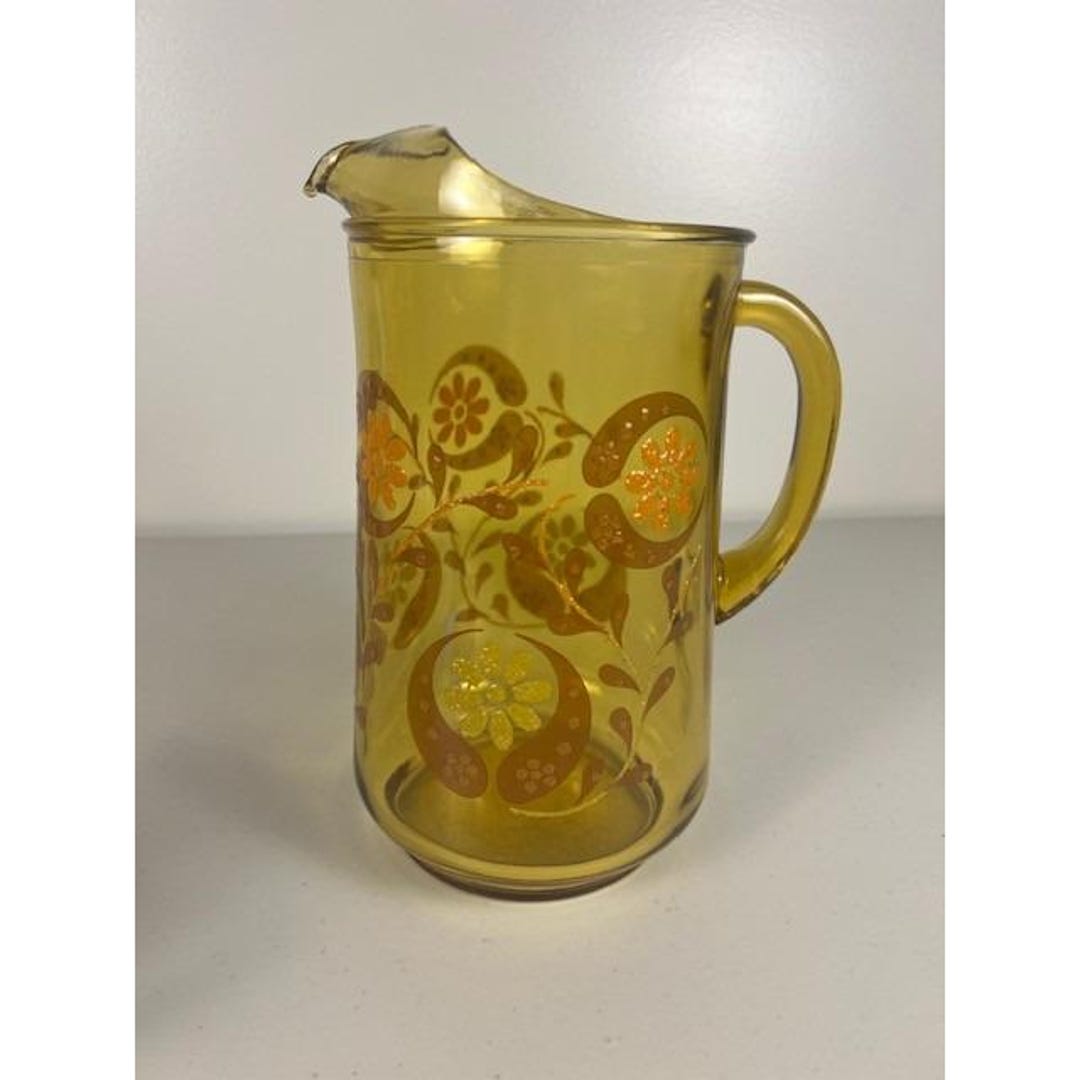 Vintage MCM Hand Painted Amber Glass Pitcher With Floral Design - Etsy