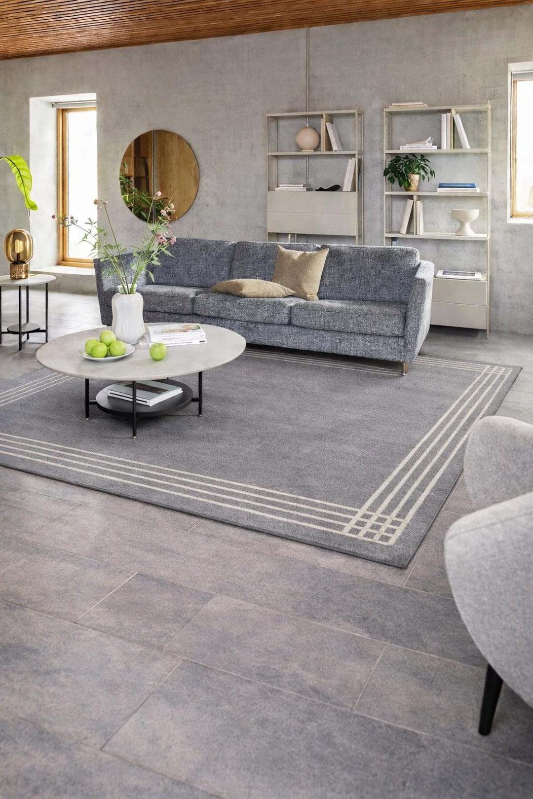 Hand Tufted Grey Wool Area Rug,border Design,thick Pile,living Room ...