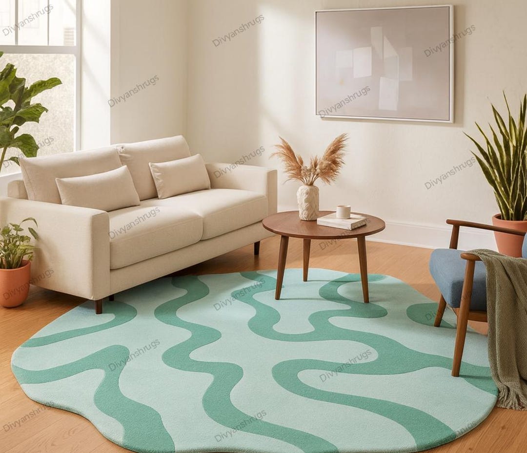 Abstract Wavy Tufted Rug, Modern Handmade Area Rug, Minimalist Pastel ...