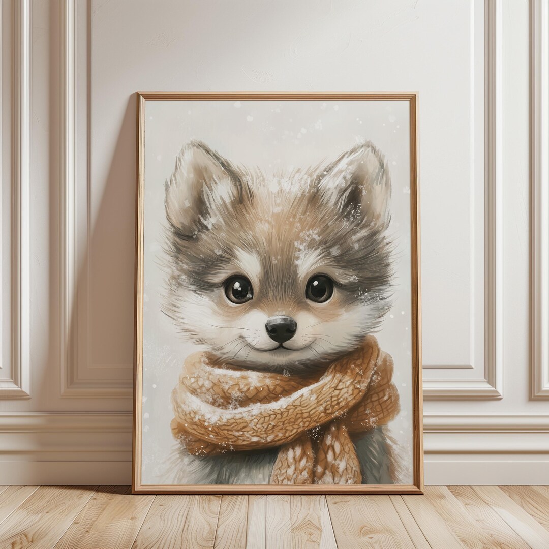 Cozy Winter Wolf Pup Print - Cute Baby Wolf With Knitted Scarf ...