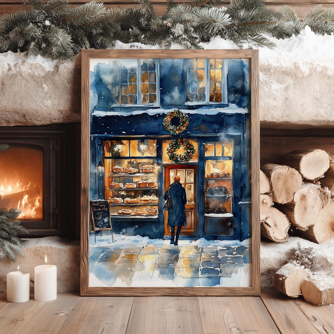 Vintage Bakery at Dusk Watercolor Print – Cozy Winter Scene (digital ...