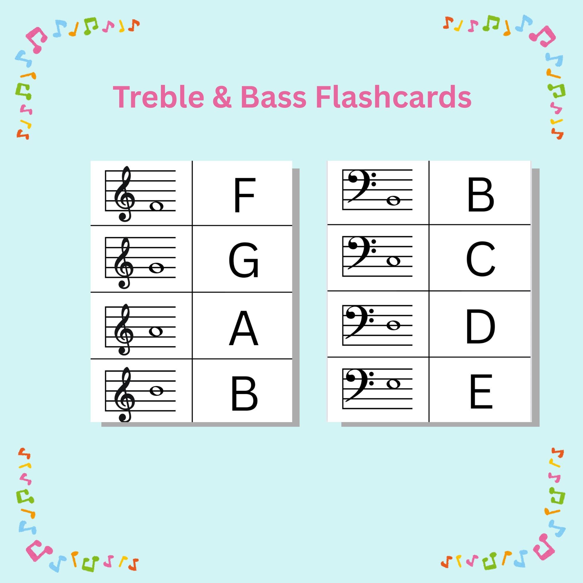 Printable Piano Flashcards | Treble & Bass Clef Notes | Music Memory ...