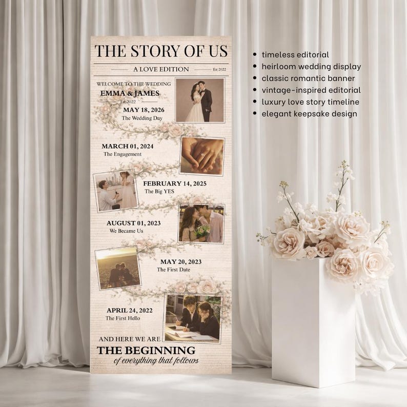 Rustic Editorial Wedding Love Story Timeline Banner Sign, Vintage Photo ...