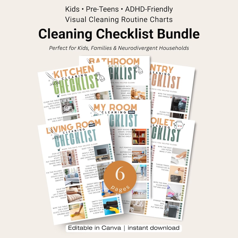 Kids and Teens Cleaning Checklist Bundle | 6 Visual Chore Charts | Adhd ...