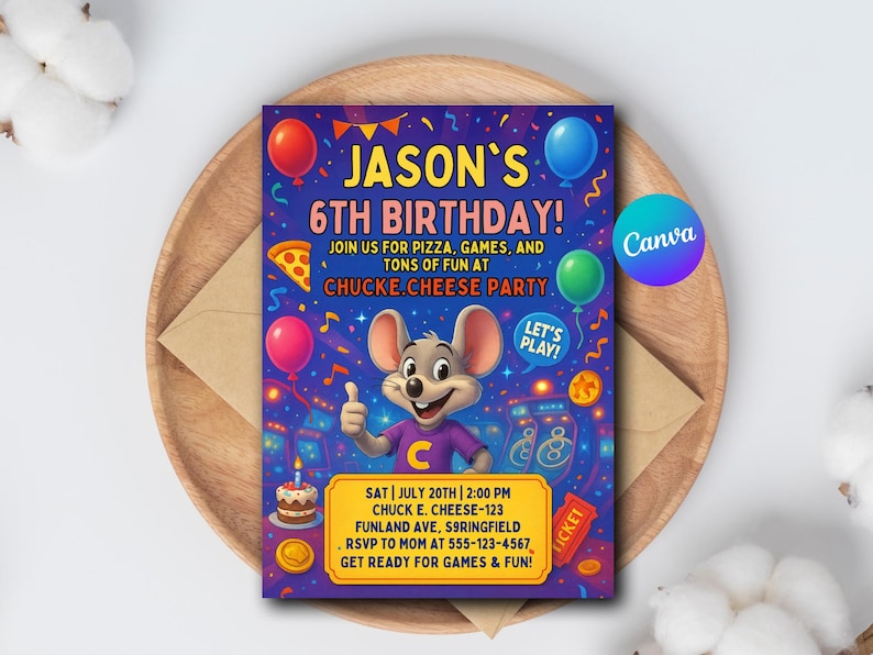 Chuck E. Cheese Birthday Invitation | Editable Pizza Party (digital ...