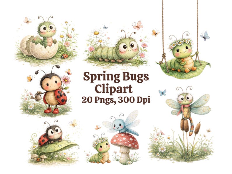 Spring Bugs Clipart Bundle | Cute Insect Clipart | Ladybug Caterpillar ...