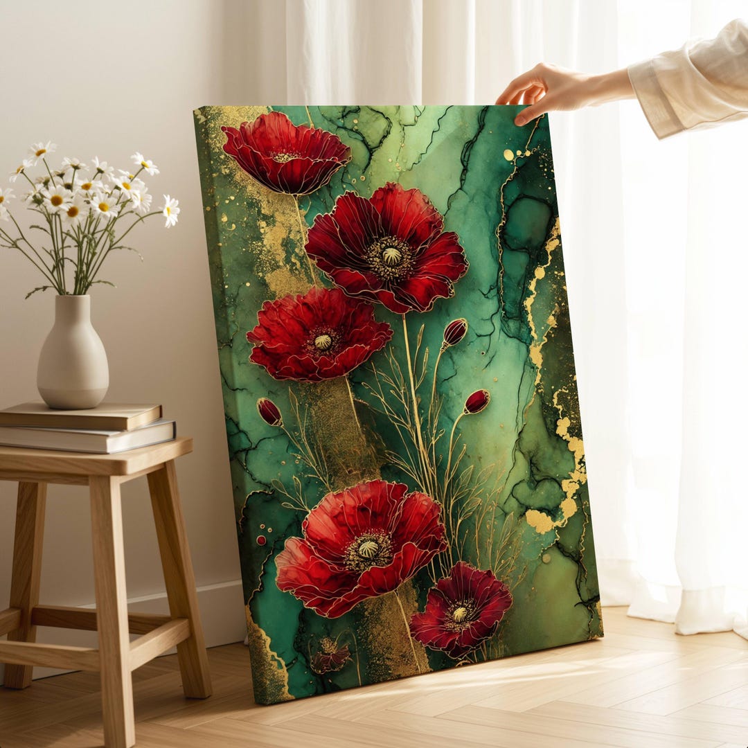 Red Poppy Alcohol Ink Canvas, Teal Gold Floral Wall Art, Abstract ...