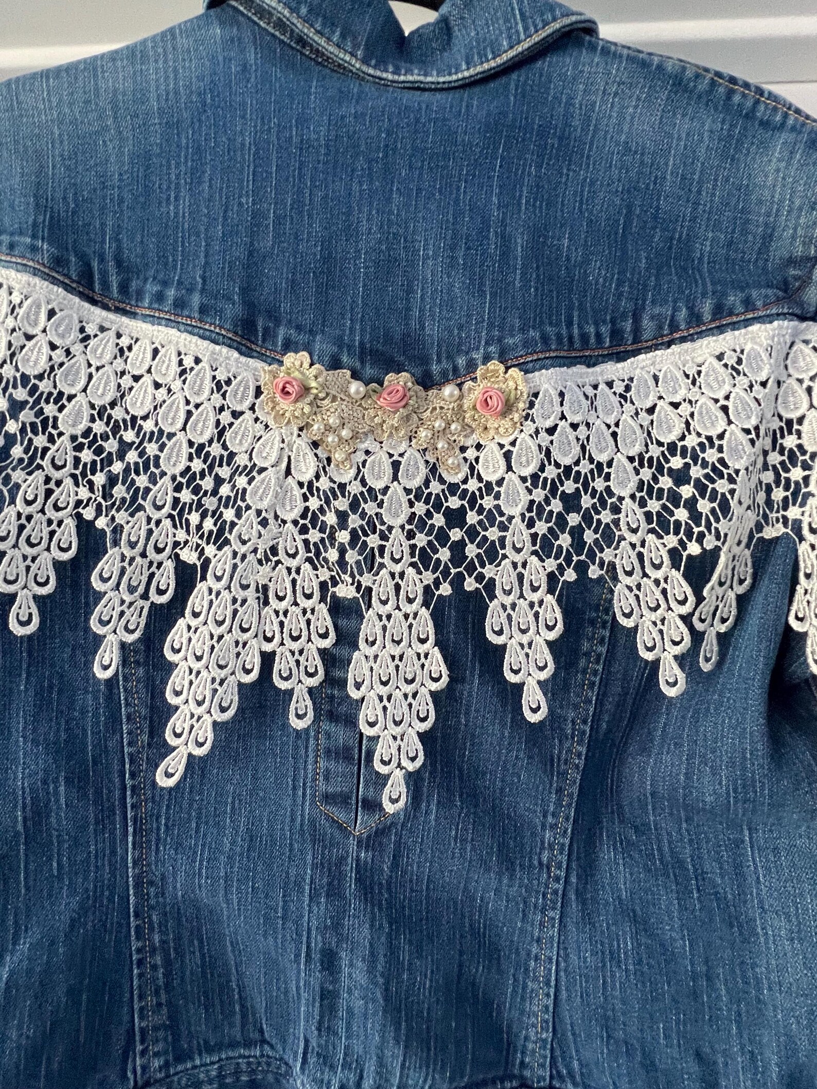 Upcycle-repurposed Denim Jacket- Feminine Floral/lace Embellishments - Etsy