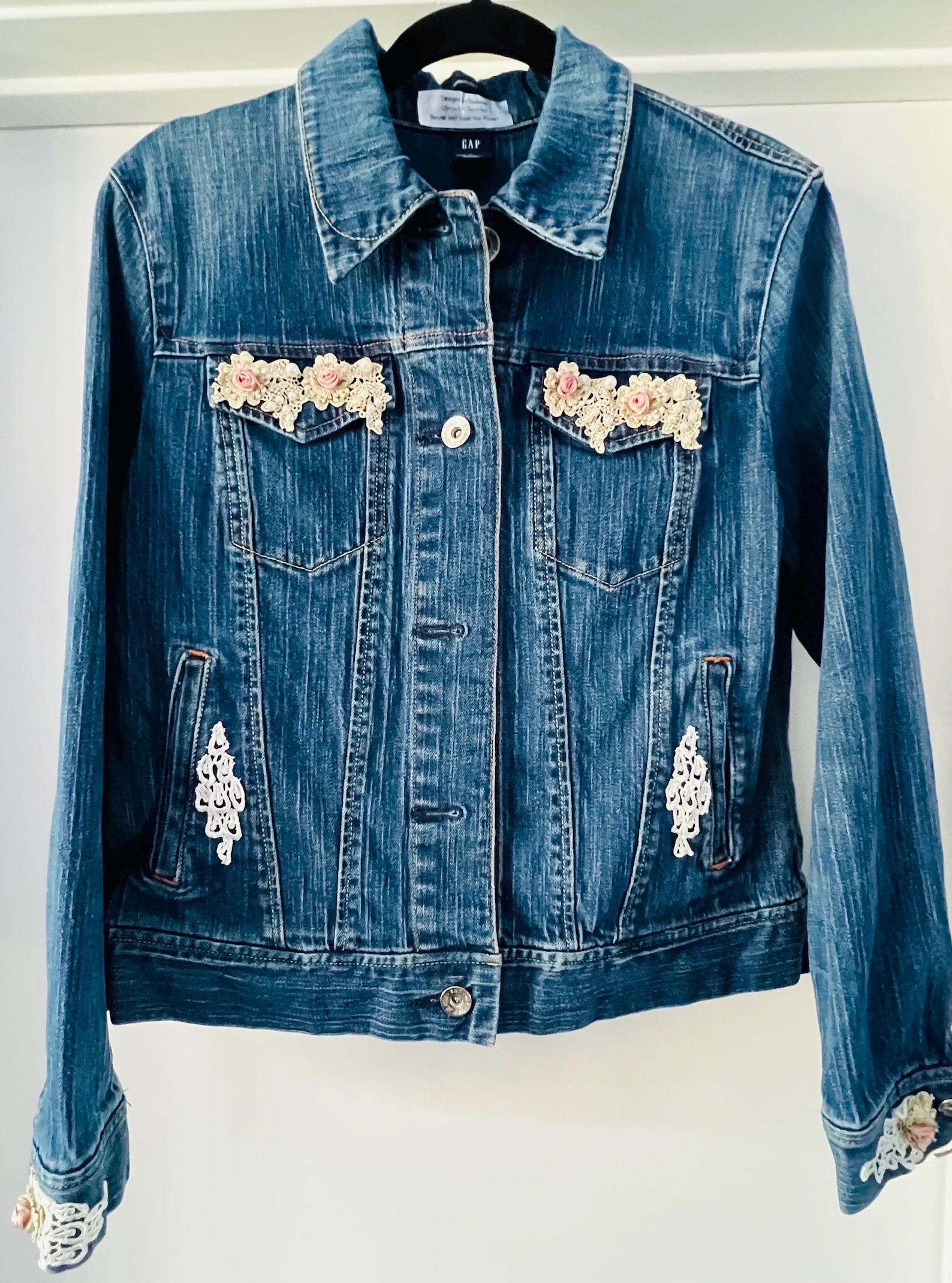 Upcycle-repurposed Denim Jacket- Feminine Floral/lace Embellishments - Etsy