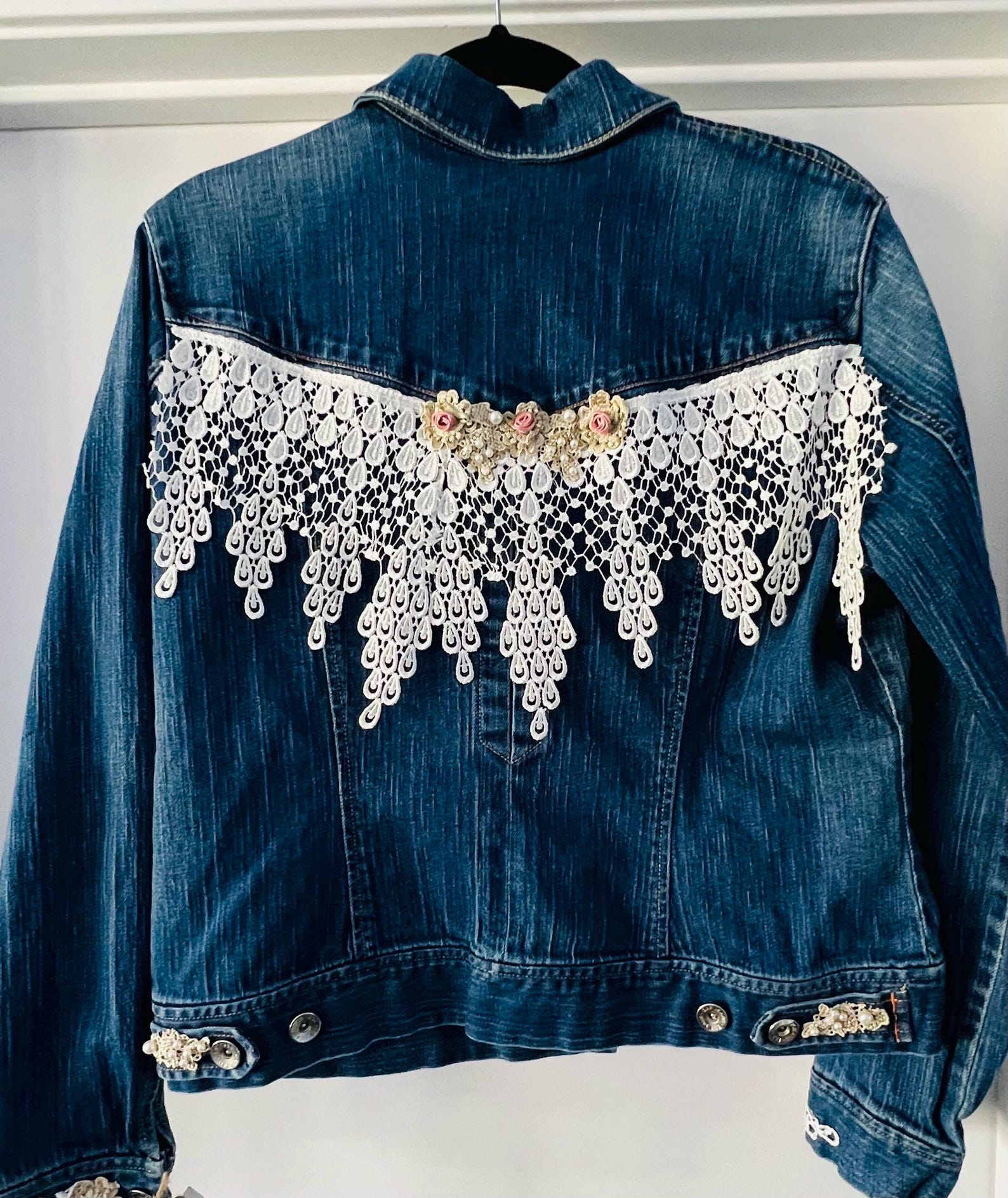 Upcycle-repurposed Denim Jacket- Feminine Floral/lace Embellishments - Etsy