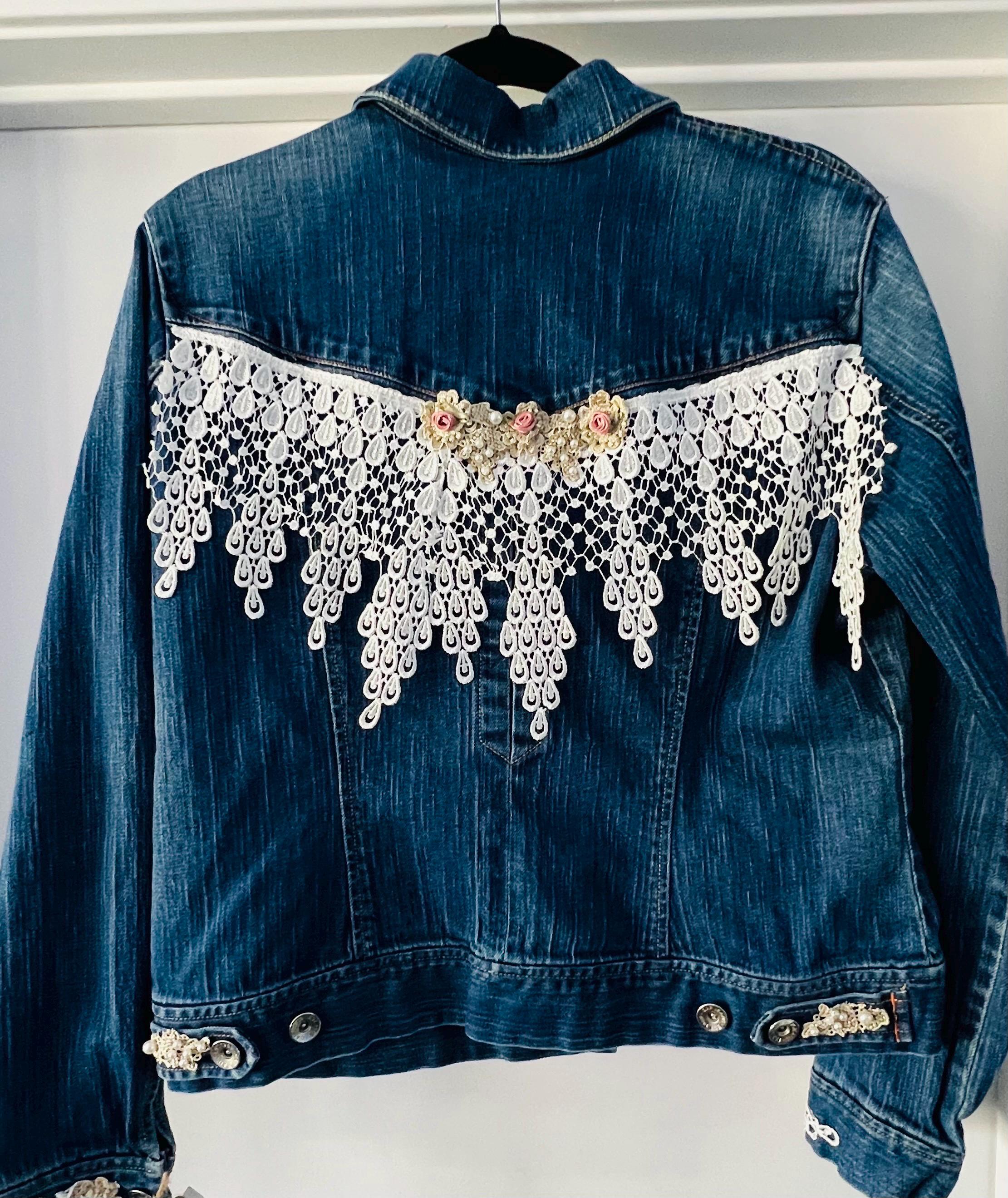 Upcycle-repurposed Denim Jacket- Feminine Floral/lace Embellishments - Etsy