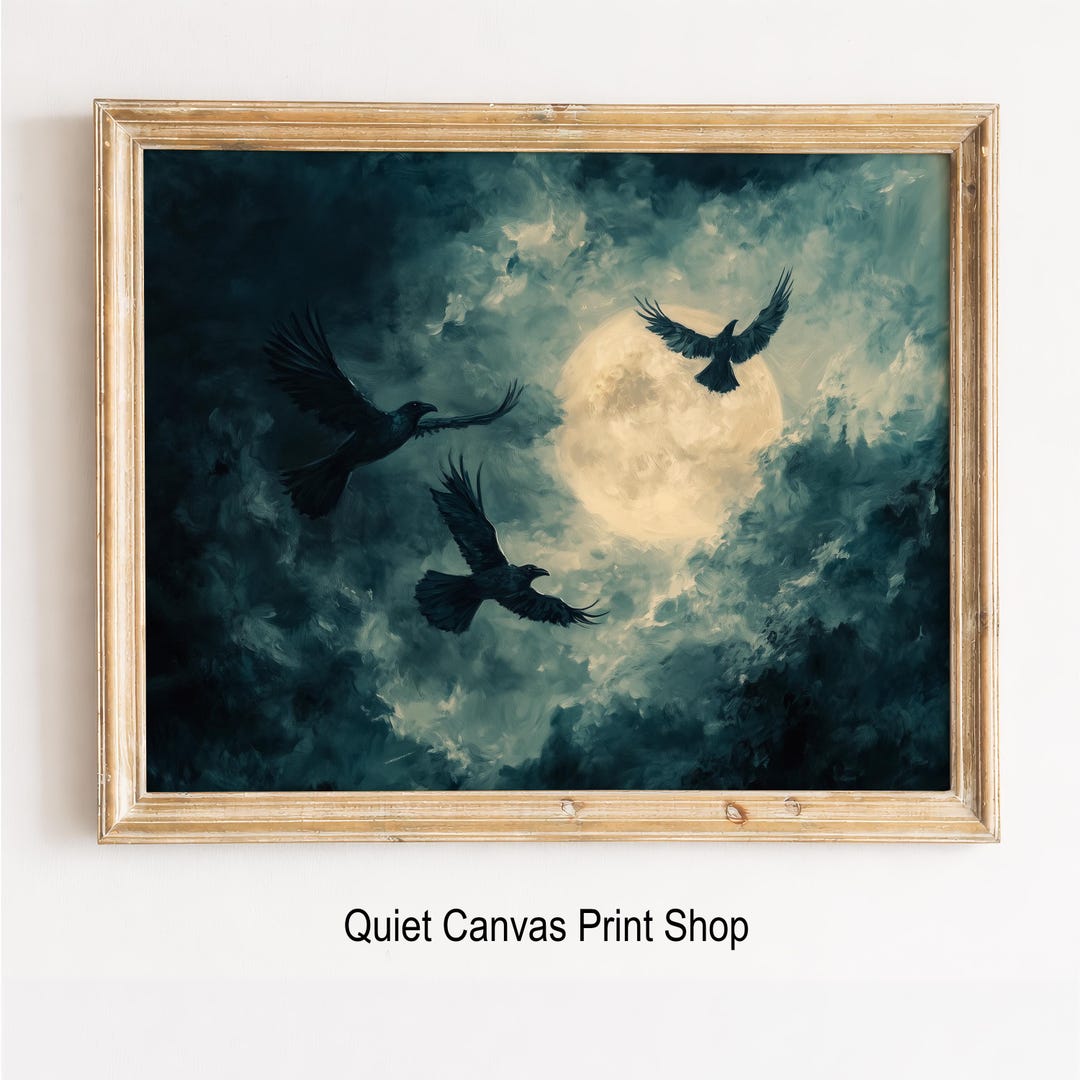 Spooky Raven Silhouettes Illustration, Full Moon Halloween Art (digital ...