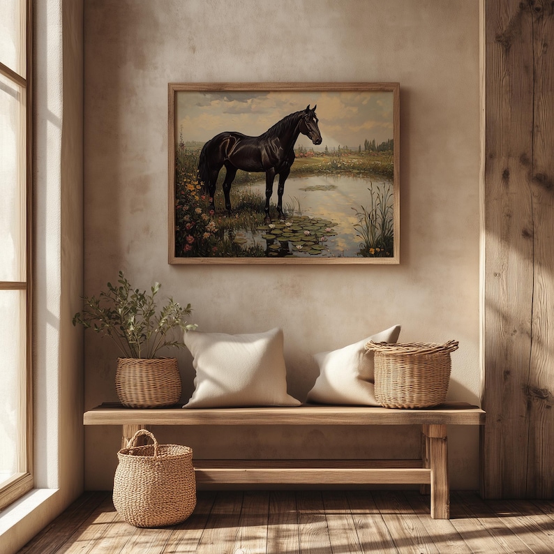 Rustic Dark Horse at Water's Edge - Classic Pastoral Landscape Art ...
