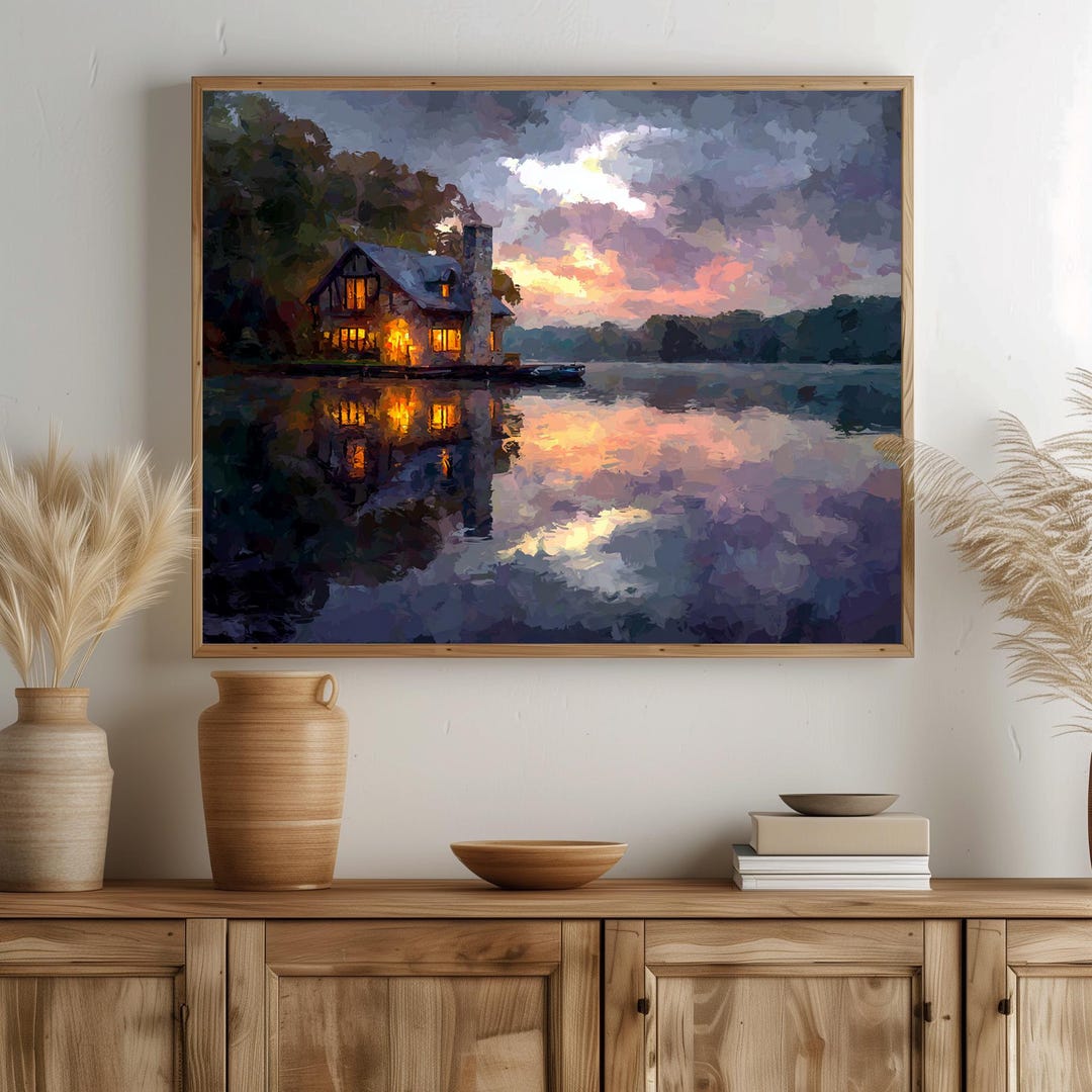 Rustic Lakeside Cottage Print, Twilight Cabin Reflection (digital ...