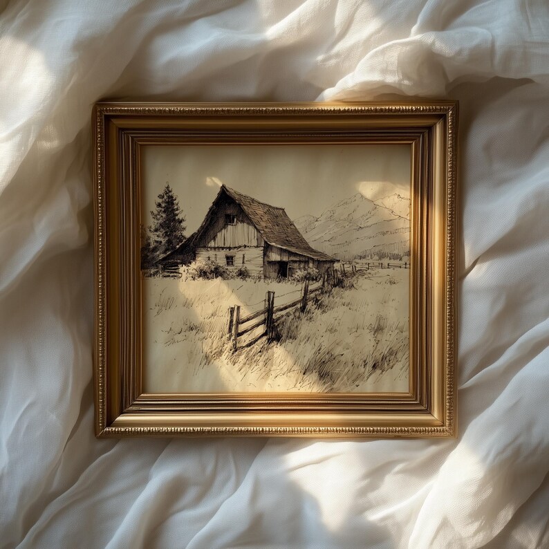 Vintage Barn Sketch Print – Rustic Farmhouse Landscape, Sepia Pen-and ...