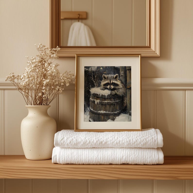 Vintage Raccoon in Snowy Barrel Art Print – Rustic Winter Decor ...